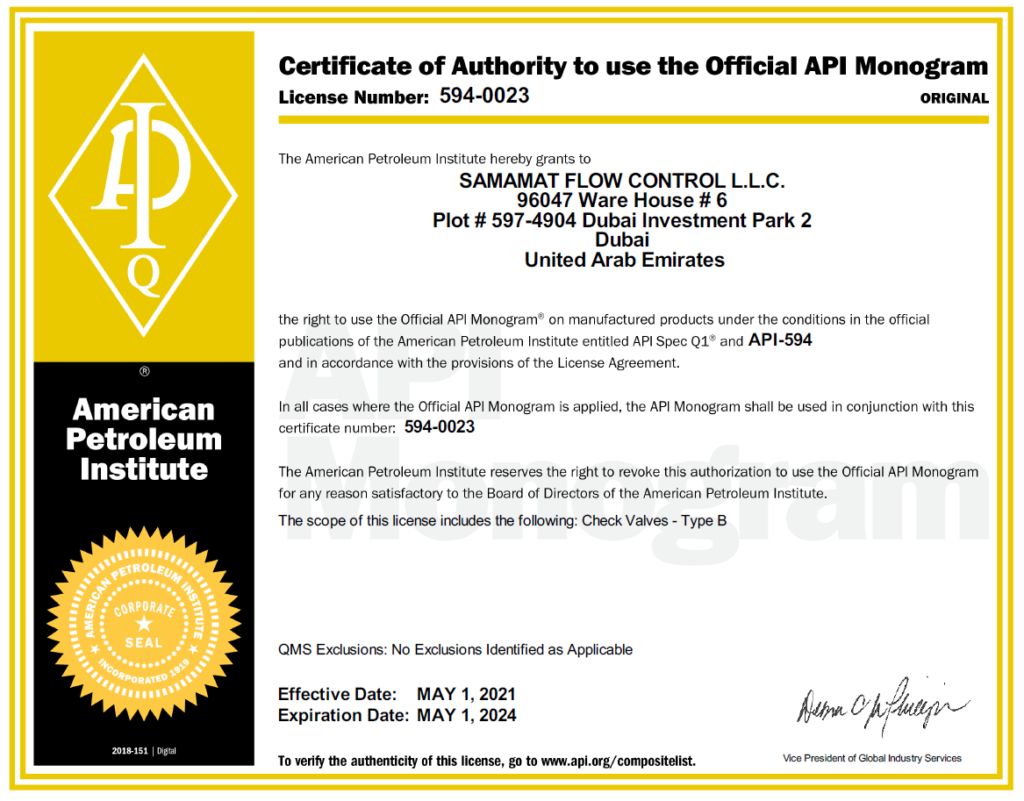 API 594 - Samamat Flow Control LLC